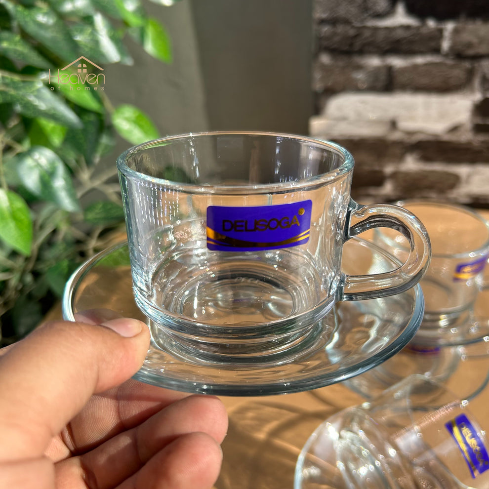 Delisoga® Set of 6 Clear Glass Cup & Saucer Set - Elegant Transparent ...